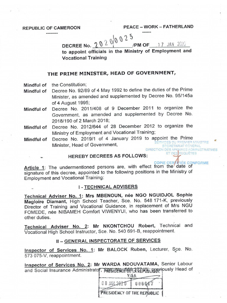 Decret 2020-0025 Nominations Minefop Anglais | PDF