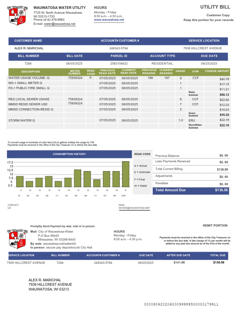 Wauwatosa Water Bill Summary | PDF | Water Supply | Fresh Water