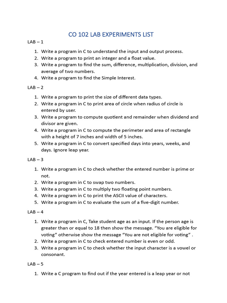 Co 102 Lab Experiments List | PDF | Numbers | Division (Mathematics)