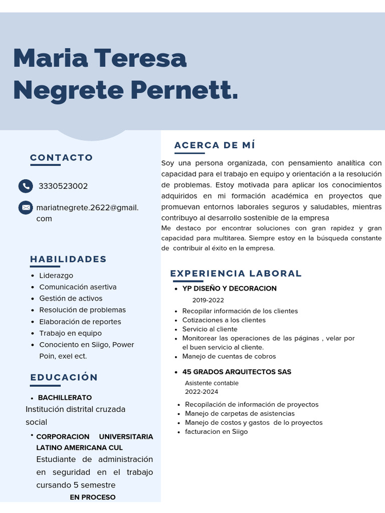 Currículum Maria Tresa Negrete Pernett | PDF