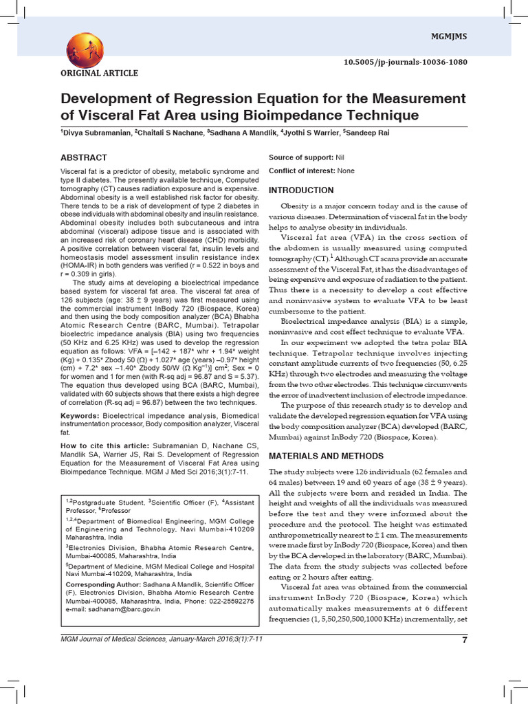 Regression for Visceral Fat via Bioimpedance | PDF | Adipose Tissue ...