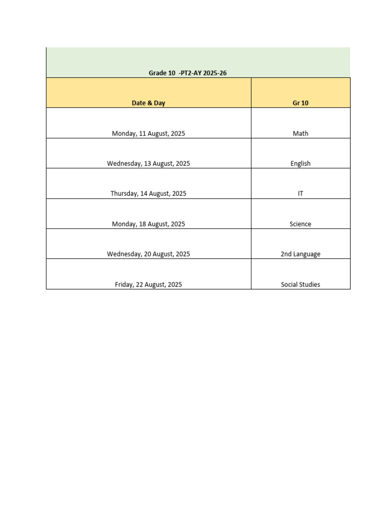 Grade 10 Exam Schedule August 2025 | PDF