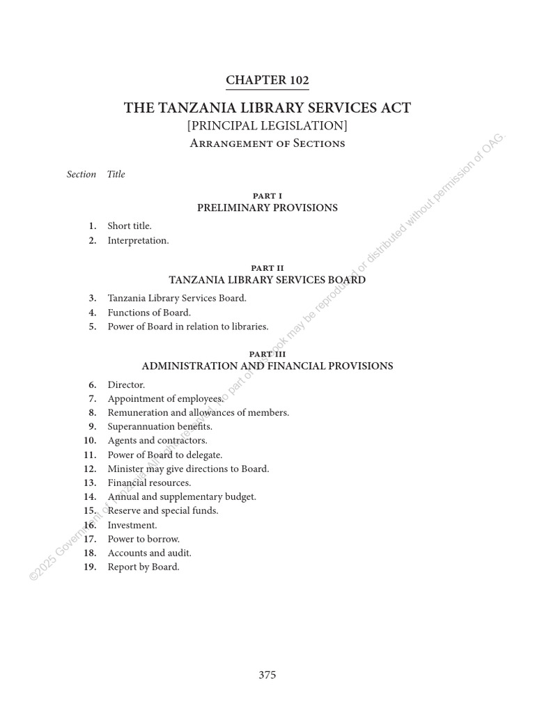 Cap. 102 Tanzania Library Services Act, R.E 2023 - MD, Mendez | PDF ...