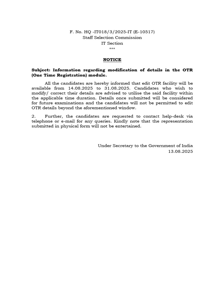 OTR Modification Window: Aug 14-31, 2025 | PDF