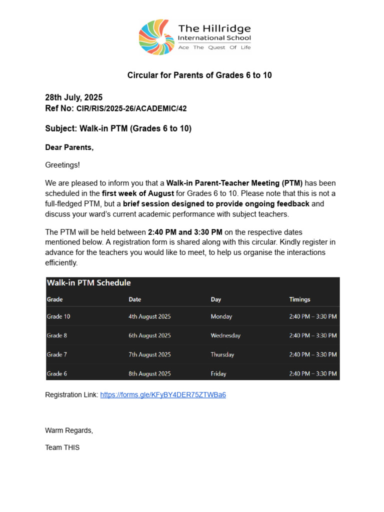 PTM Notice for Grades 6-10 Parents | PDF