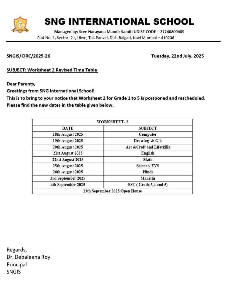 SNG International School Revised Timetable | PDF