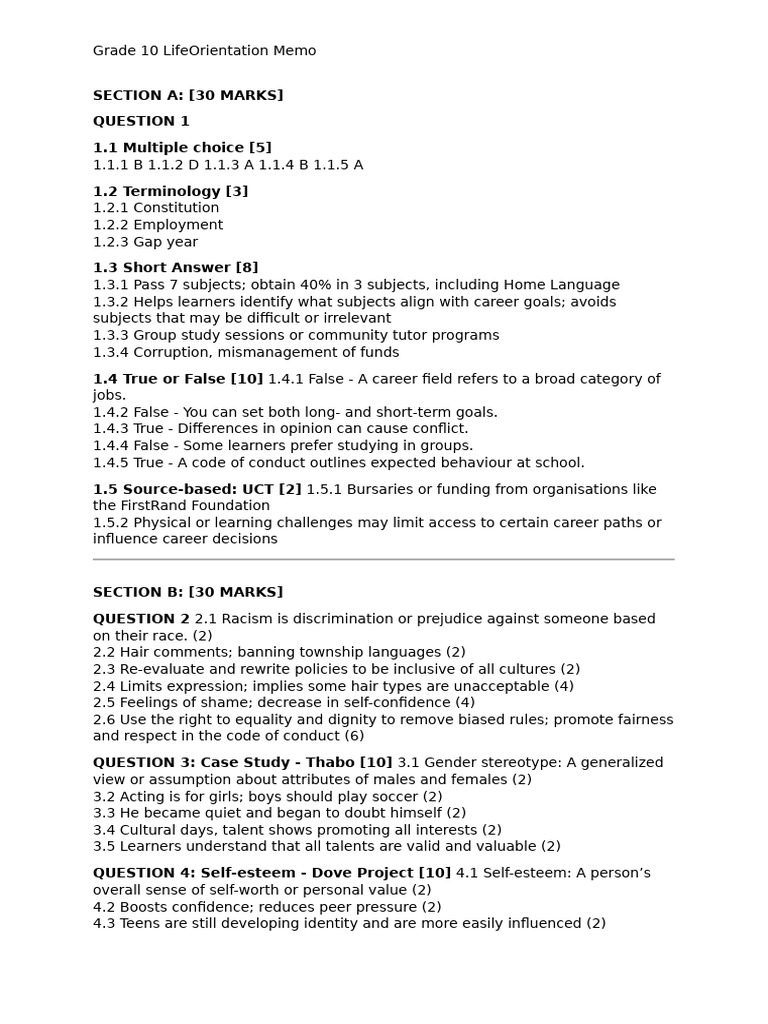 Grade 10 Life Orientation Memo 2025 | PDF | Self Esteem | Adolescence
