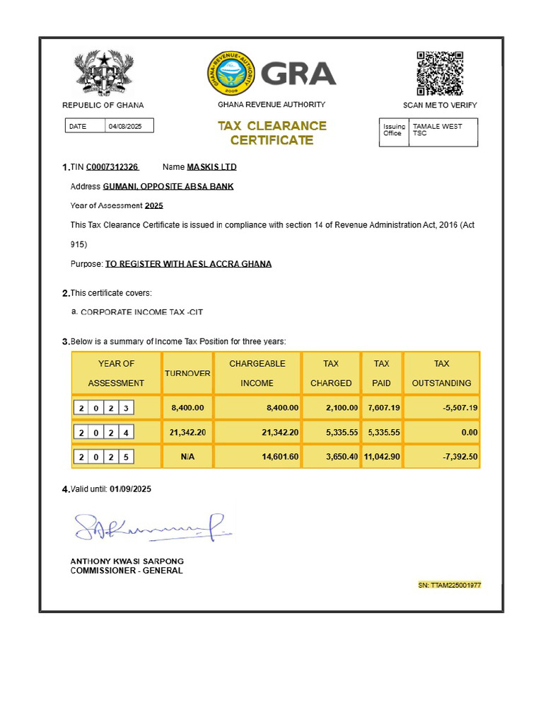 Gra Tax Clearance Certificate Ttam225001977 | PDF