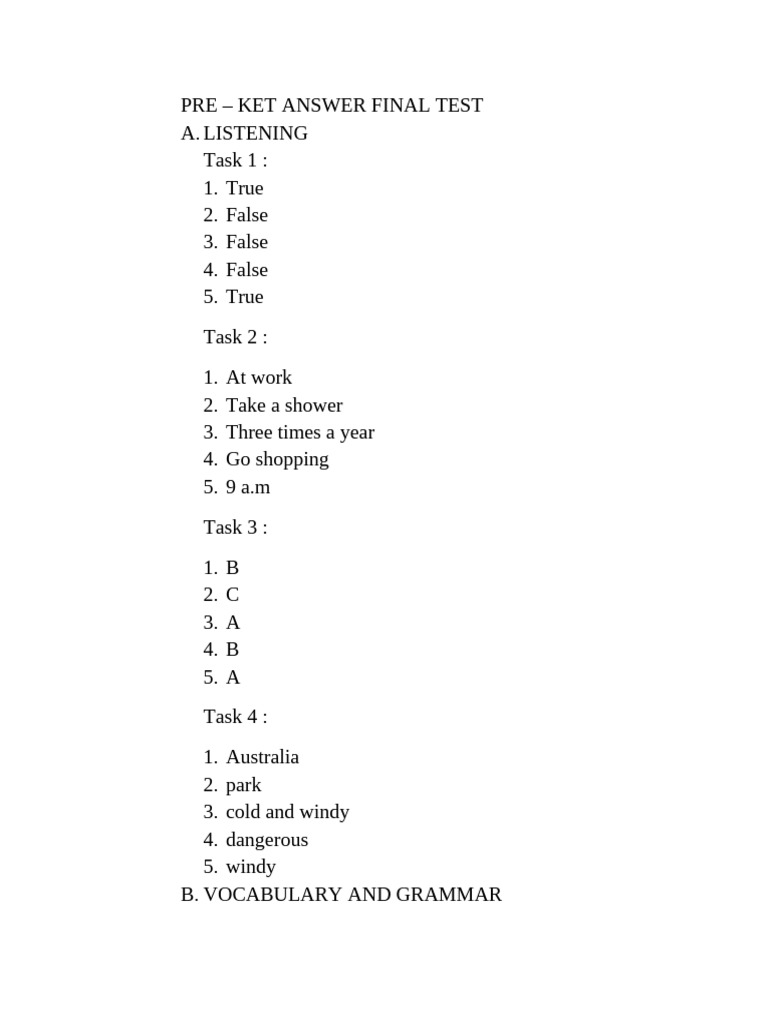 Pre-KET Final Test Answers | PDF