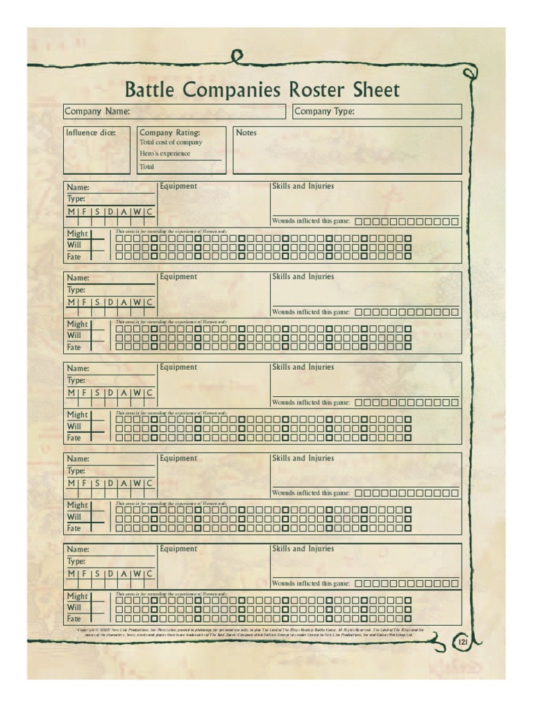 LotR SBG Battle Companies - Roster Sheet | PDF