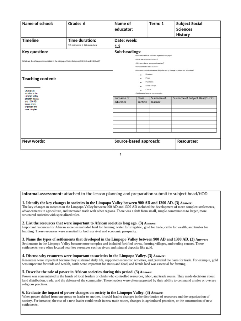 1 Grade 6 History Term 1 Lesson Plan | PDF | Society | Agriculture