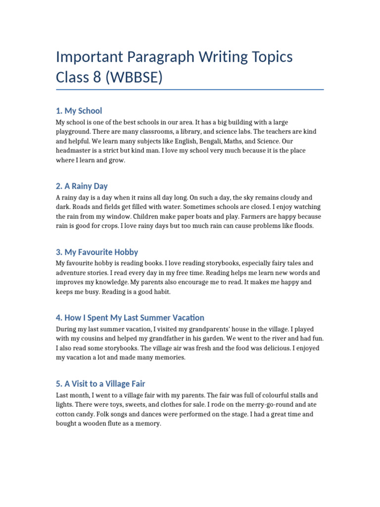 Key Paragraph Topics for Class 8 | PDF