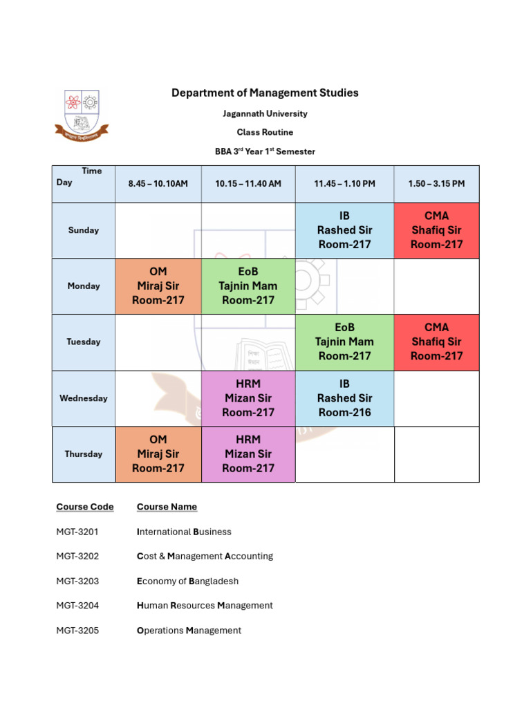 BBA 3rd Year Class Routine - Jagannath University | PDF