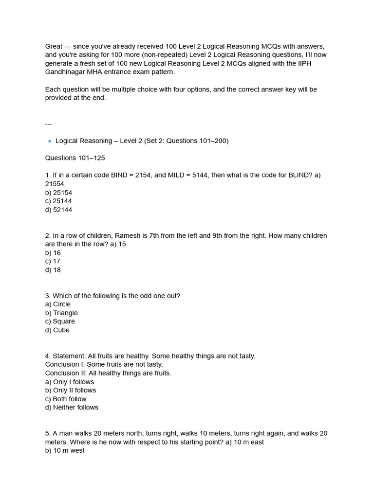 Level 2 Logical Reasoning MCQs Set 2 | PDF | Multiple Choice