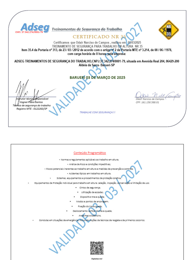 Certificado de Treinamento NR 35 | PDF