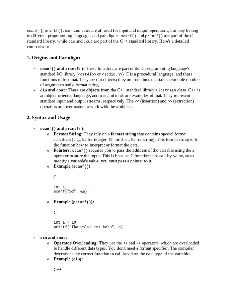 Scanf, Printf and Cin Cout Comparision | PDF | C++ | Parameter (Computer Programming)