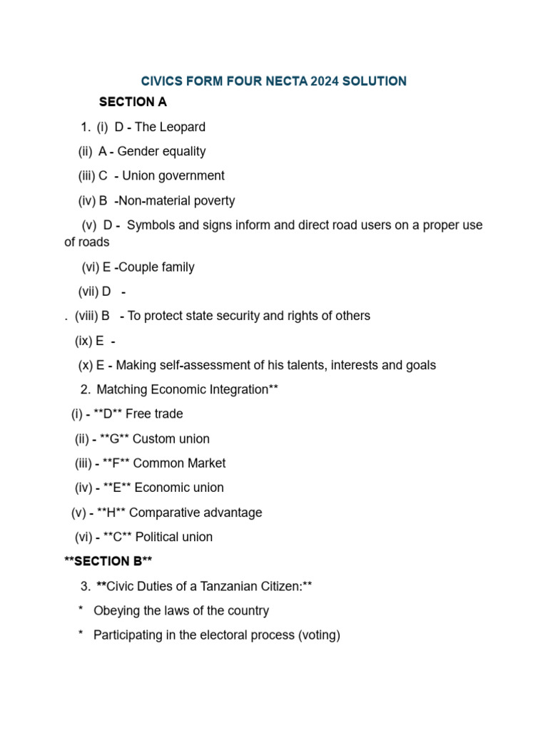 Civics NECTA Form Four 2024 Solutions | PDF | Value (Ethics ...