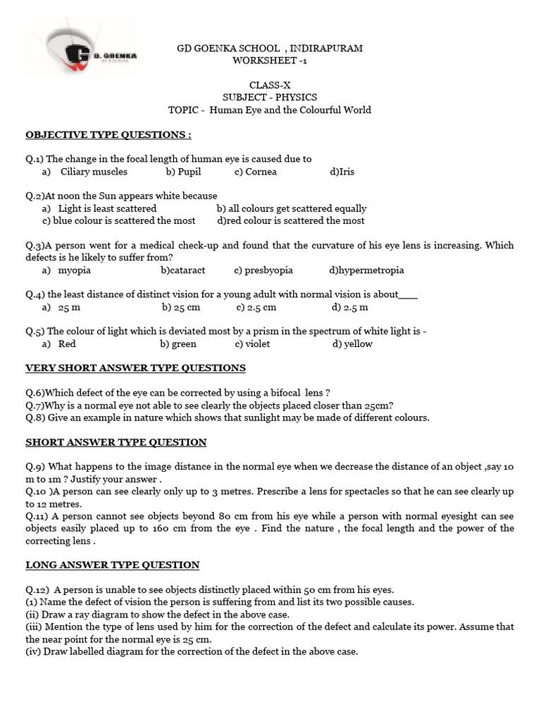 C10 Human Eye Worksheet | PDF | Eye | Human Eye
