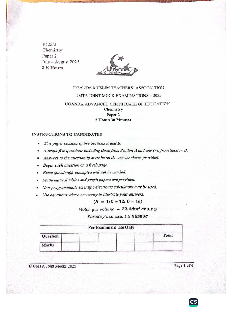 Umta Chemistry Uace 2025 Paper Two. | PDF
