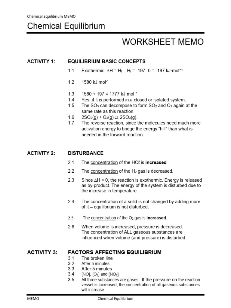 MEMO Chemical Equilibrium Worksheet 3 Physical Science | PDF | Chemical ...