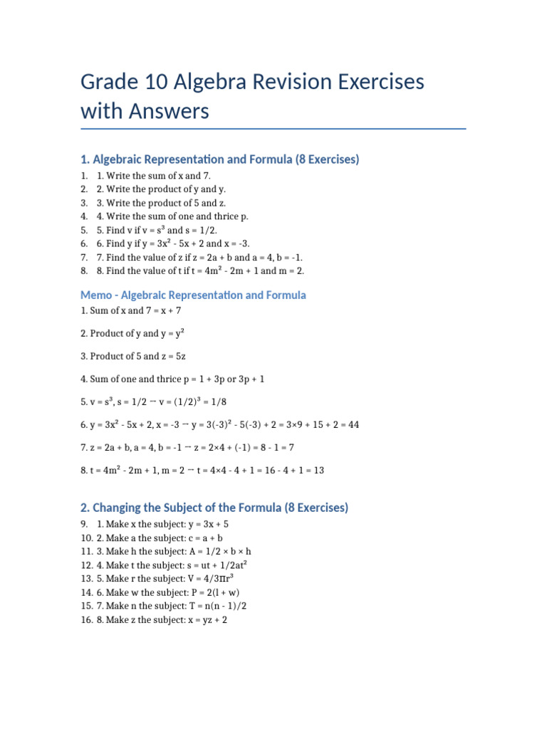 Grade 10 Algebra Exercises With Answers | PDF | Factorization | Algebra