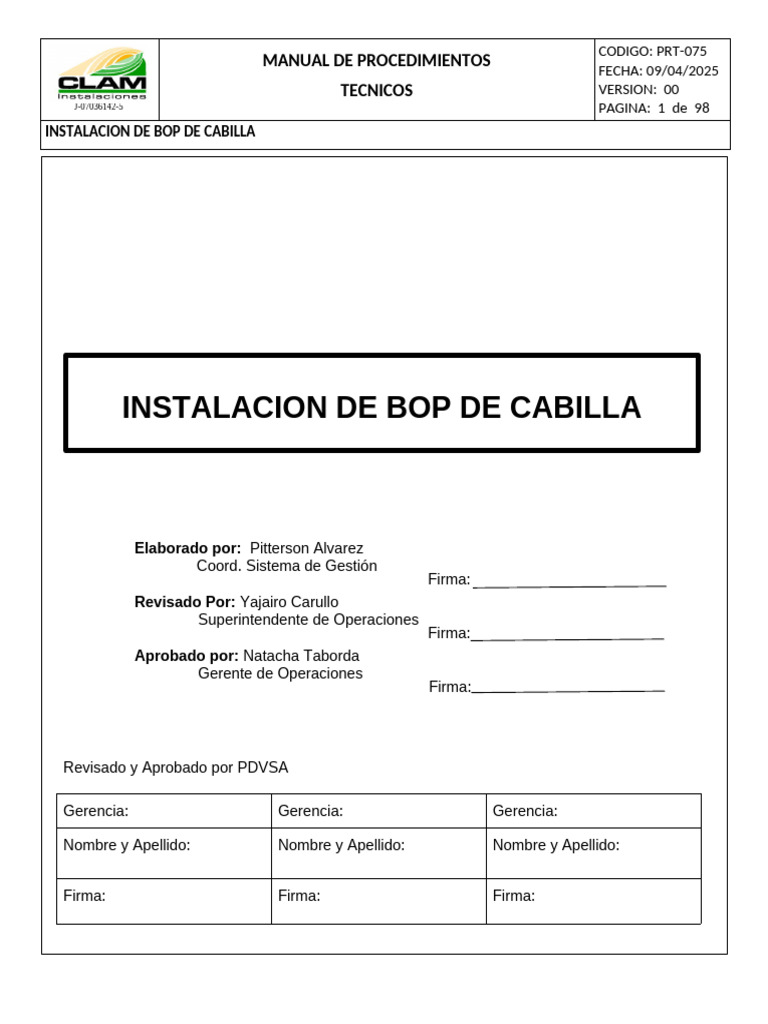 Instalación de BOP de Cabilla | PDF | Seguridad y salud ocupacional