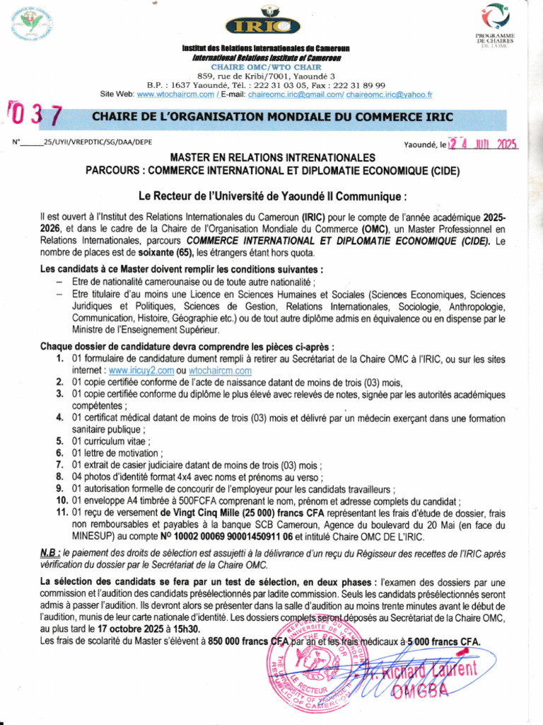 Test de Sélection Master CIDE COMC Année Académique 2025-2026 | PDF