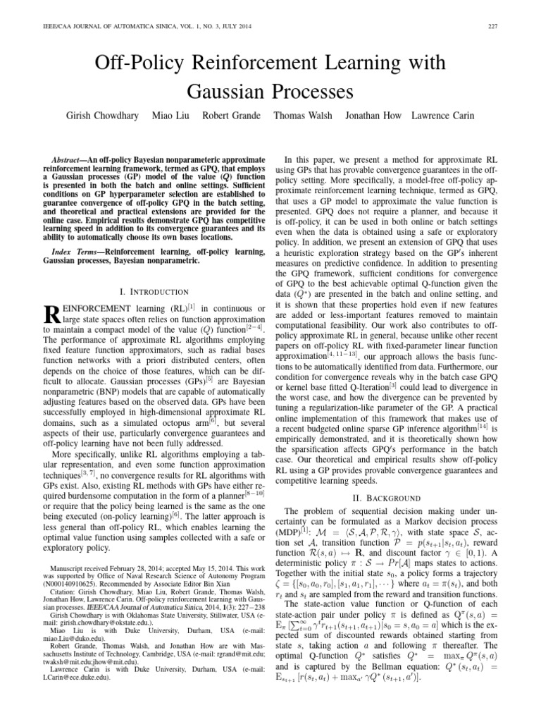 Off-Policy Reinforcement Learning With Gaussian Processes | PDF | Applied Mathematics ...