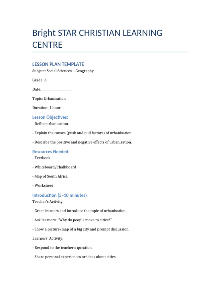 Urbanisation Lesson Plan Bright STAR | PDF | Urbanization | Lesson Plan