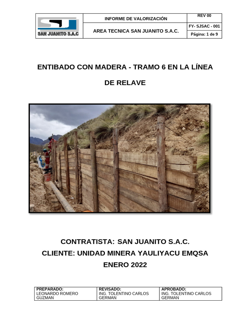 Informe Entibado Con Madera - Tramo 6 en La Línea de Relave Leo | PDF