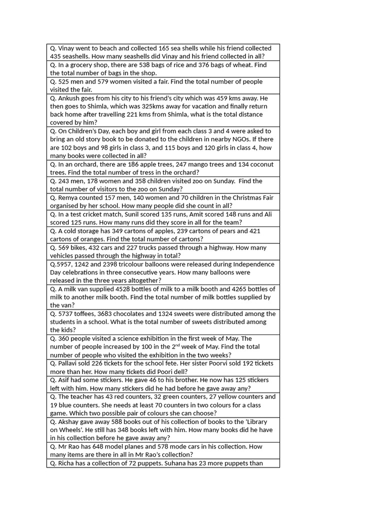 Maths Word Problem - Addition | PDF