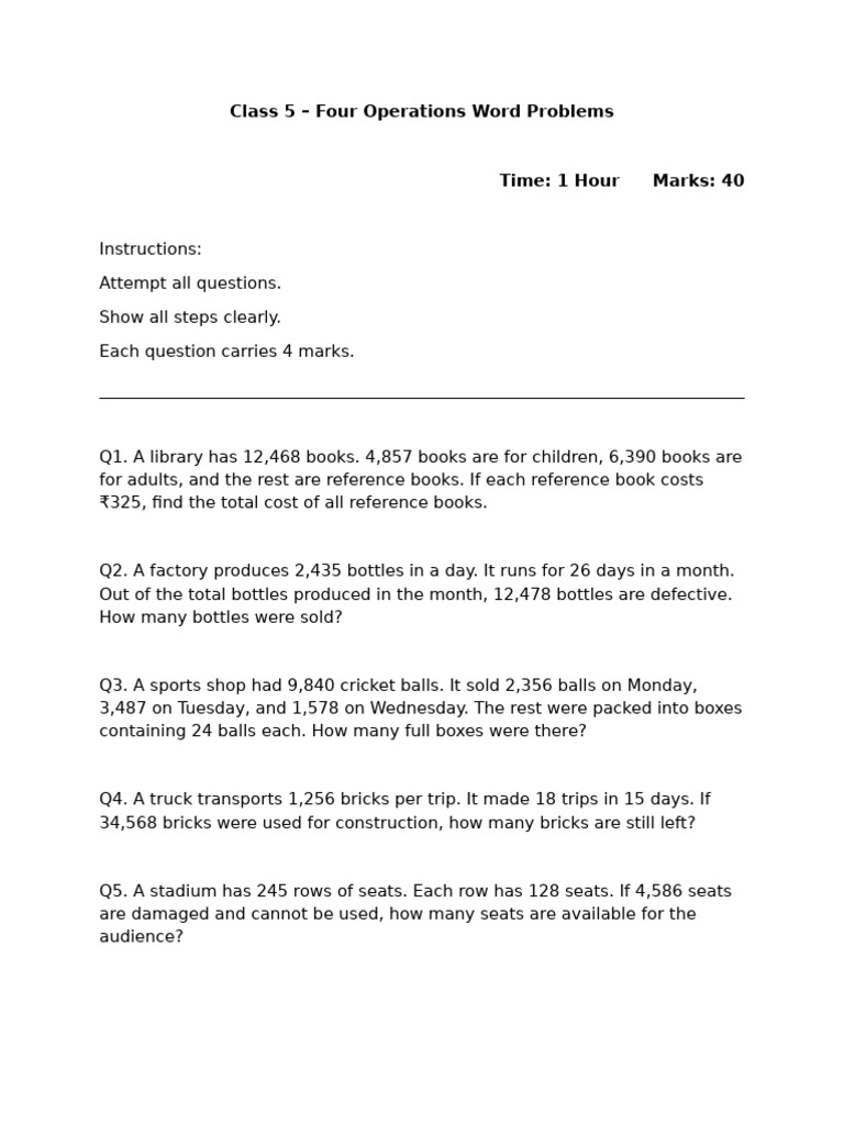 Test Chapter 2 - Four Operations Word Problems | PDF