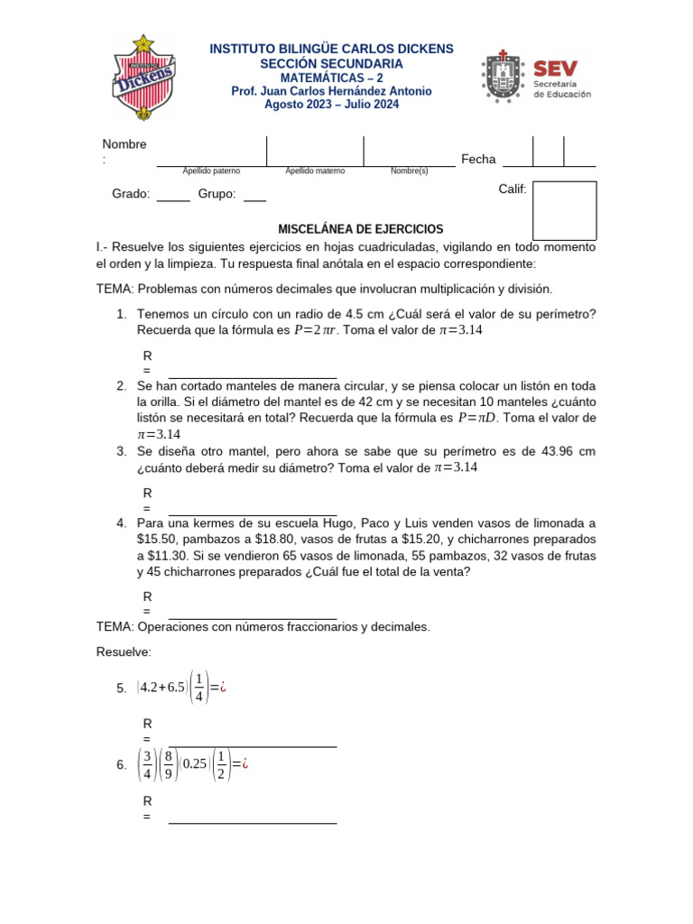 Proyecto de Matemáticas - 2 (Miscelánea de Ejercicios) | PDF