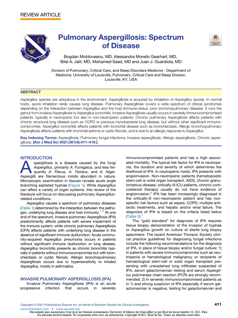 Pulmonary Aspergillosis: Spectrum of Disease Bogdan Moldoveanu | PDF ...