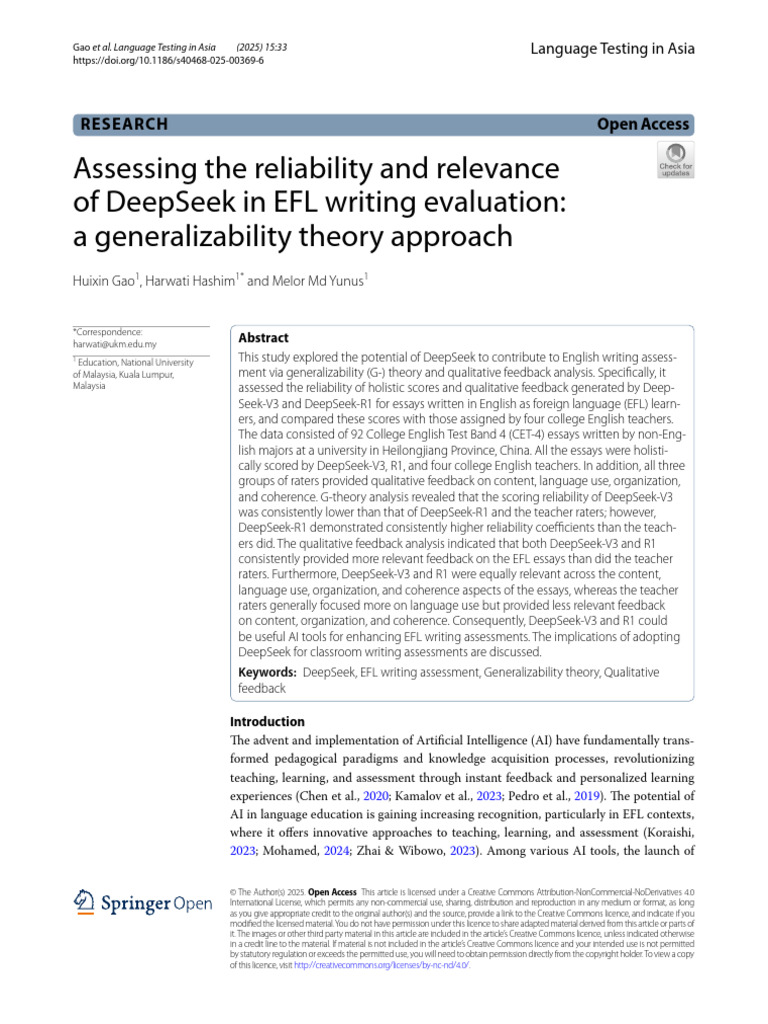 Assessing The Reliability and Relevance of DeepSeek in EFL Writing Evaluation A Generalizability ...