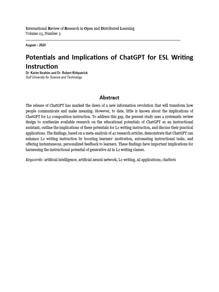 ChatGPT's Role in ESL Writing Instruction | PDF | Learning ...