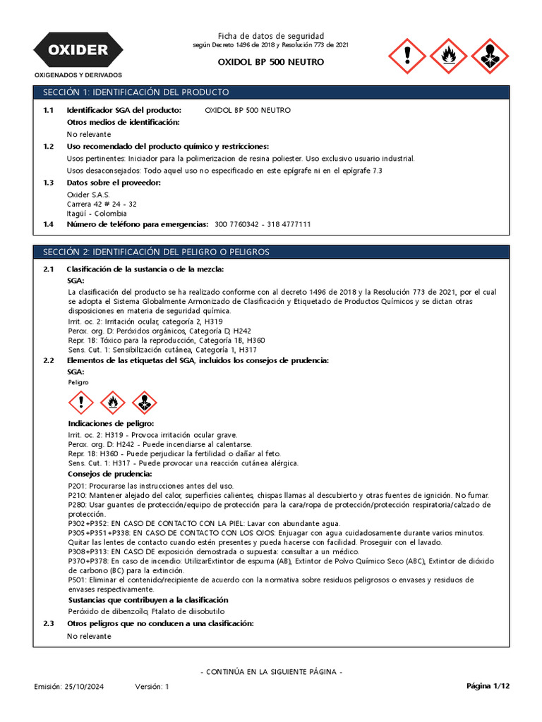 Seguridad y Usos de Oxidol BP 500 Neutro | PDF | Toxicidad | Química