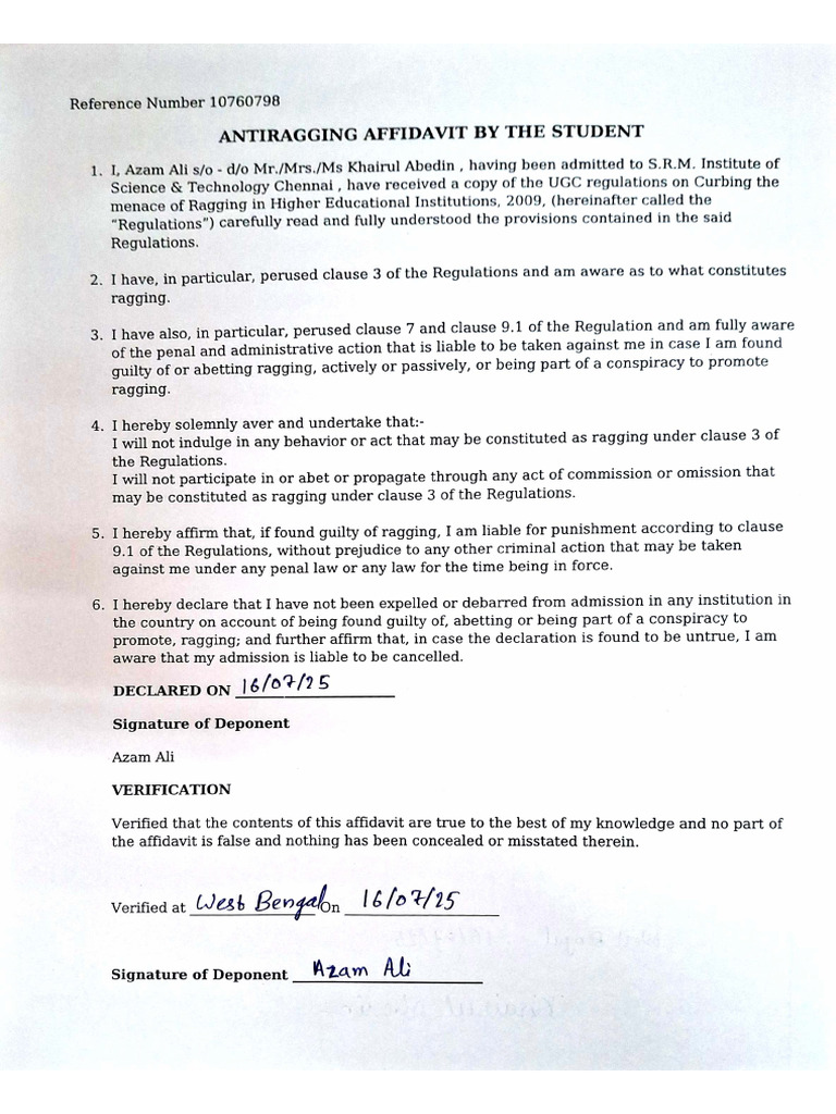 RA2411003011702 Azam Ali II Year G2 Antiragging Form | PDF
