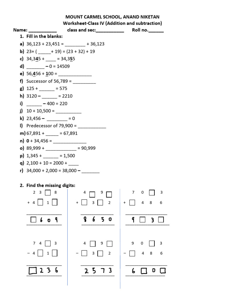 Class IV Addition & Subtraction Worksheet | PDF