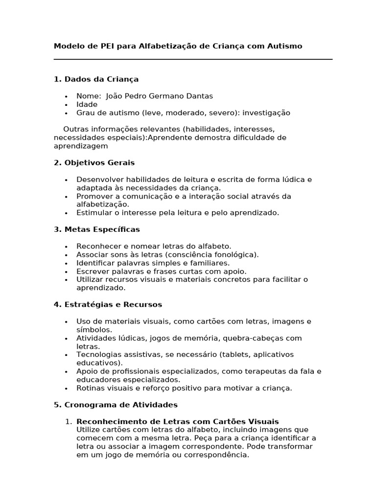Modelo de PEI para Alfabetização de Criança Com Autismo | PDF ...