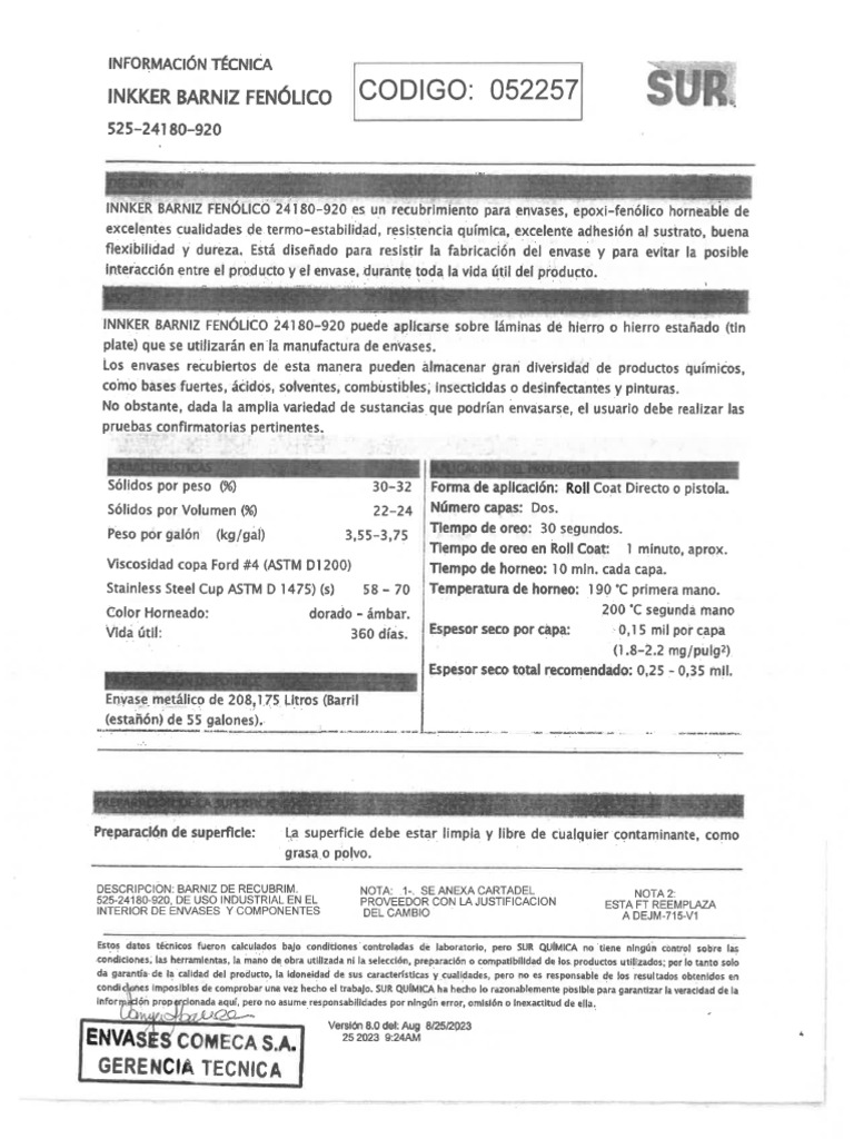 Barniz Inkker Fenol.-Recubirim. 525-24180-920, Cod - 052257, Uso Int ...