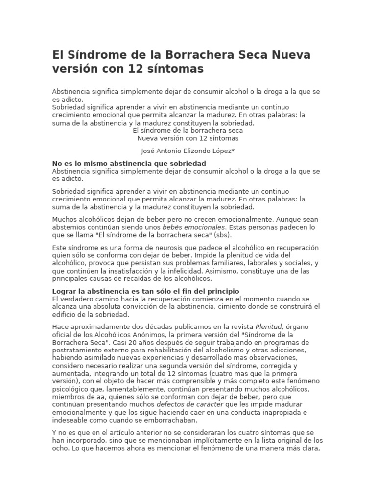 12 Síntomas del Síndrome de Borrachera Seca | PDF | Alcoholismo ...