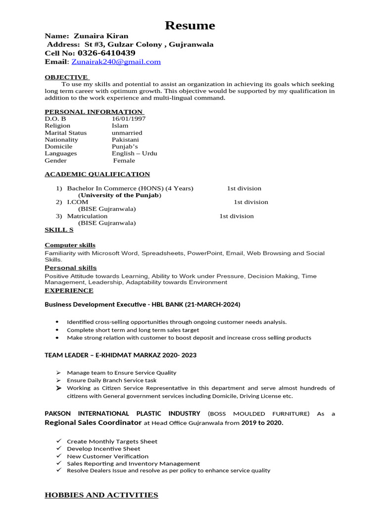Zunaira Azhar: Pakistani Resume Overview | PDF