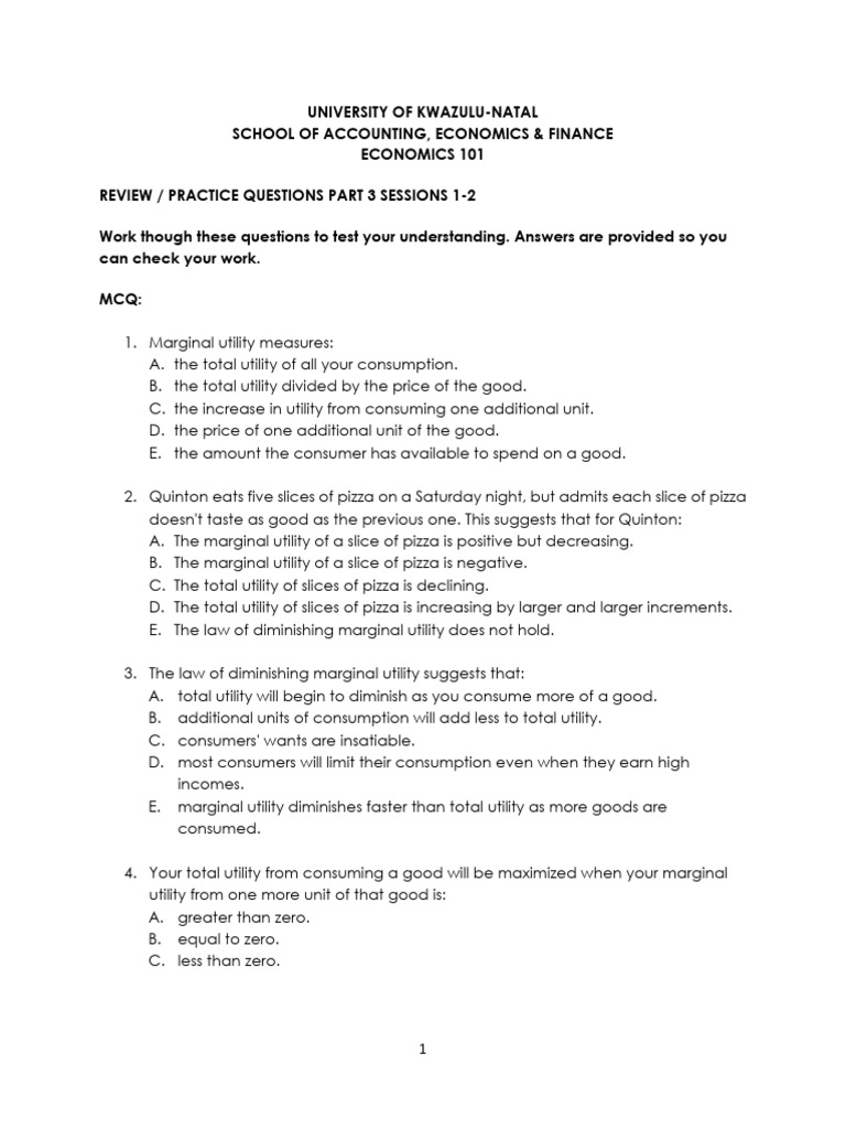 ECON Review Qs Sessions 1-2 | PDF | Utility | Marginal Utility