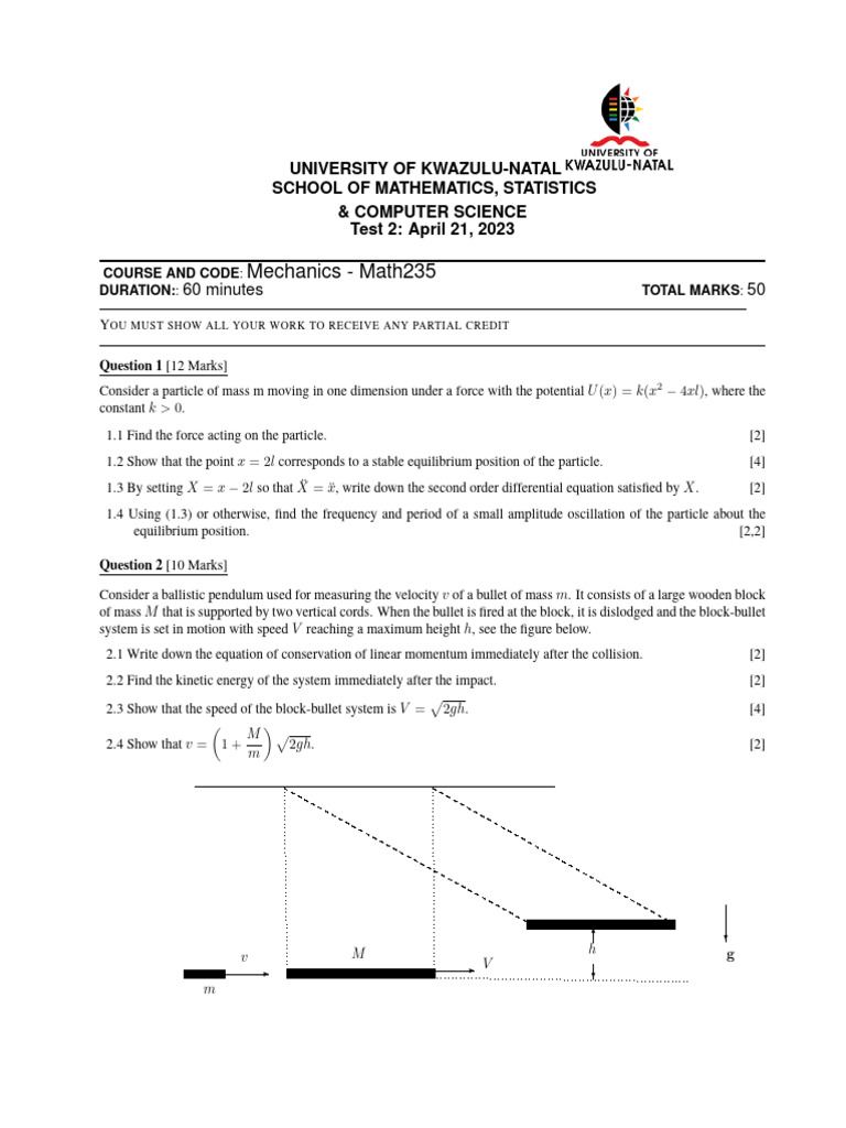 Mechanics Test 2 Solutions - April 2023 | PDF | Oscillation | Force