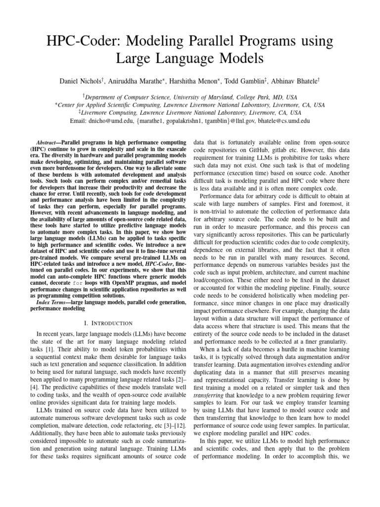 Nichols Et Al. - 2024 - HPC-Coder Modeling Parallel Programs Using Large Language Models | PDF ...