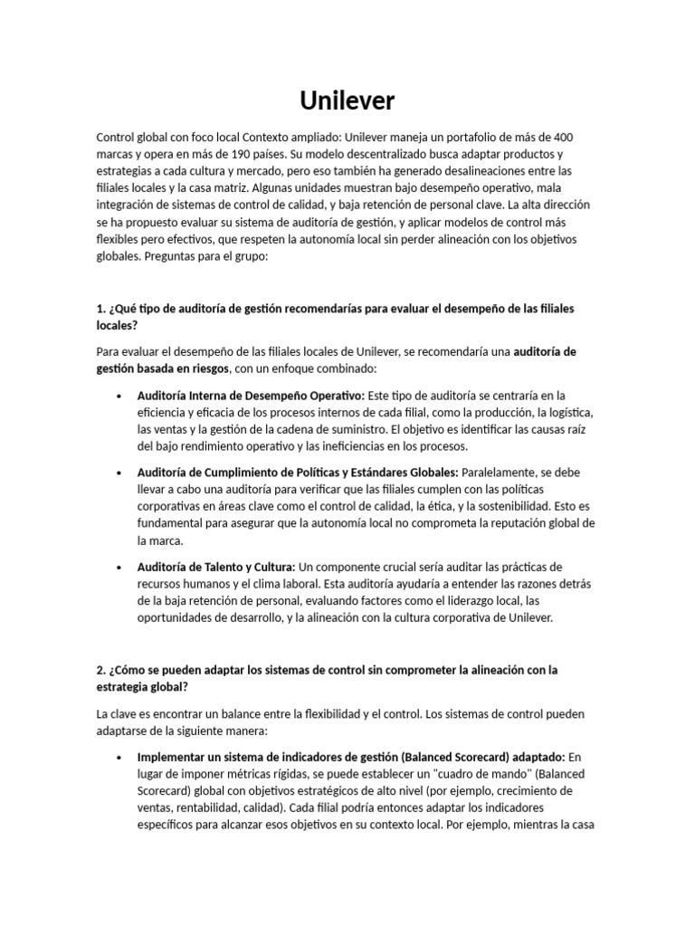 Auditoría y Control en Unilever | PDF | Calidad (comercial) | Auditoría