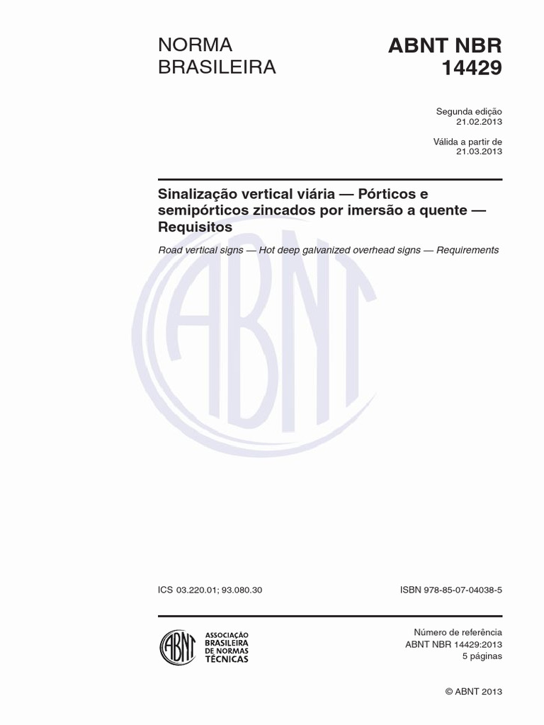 ABNT NBR 14429 - Sinalização Vertical Viária - Pórticos e Semipórticos ...