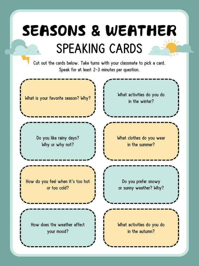 Seasons and Weather Speaking Cards Template in Turquoise Orange | PDF