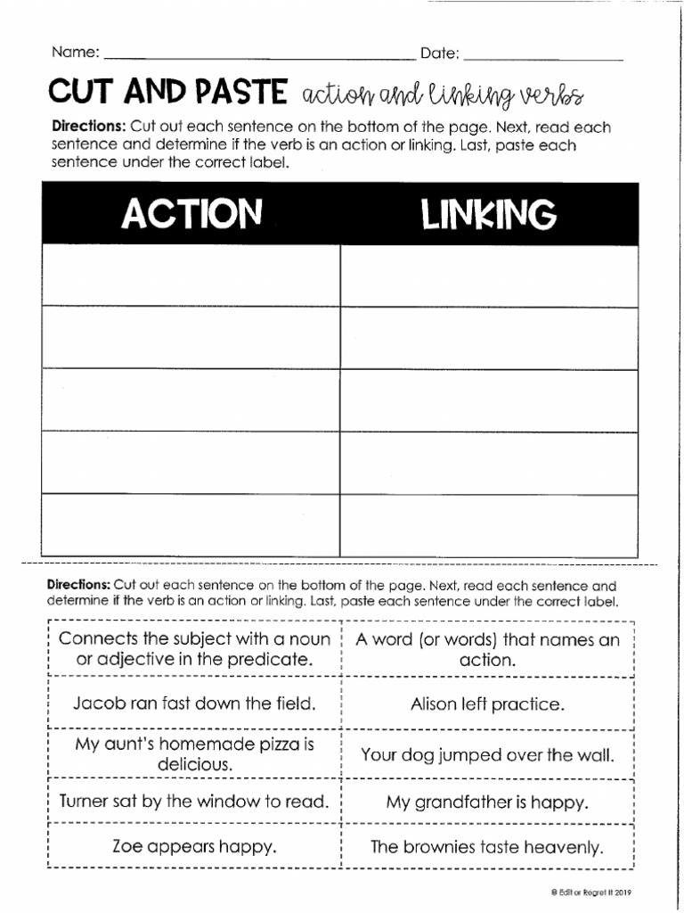 Randyn Evans - Attachment: PDF: Action and Linking Verbs Cut and Paste ...
